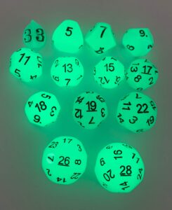 impact! miniatures glow in the dark - weird rpg poly dice set - d3, d5, d7, d9, d11, d13, d15, d17, d18, d19, d22, d26 & d28