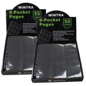 wintra 1800 pockets trading card pages, 9-pocket side-loading card sleeves protectors, sports card collector album sheets for ring binder(100 background pages)