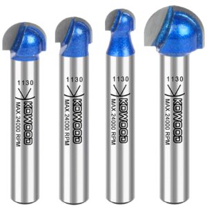 kowood plus core box router bit set, 1/4 inch shank, cutting diameter in 1/4”, 5/16”, 3/8”, 1/2”. with updated kowood c3 carbide. great for making signs, decorative accents to furniture & plaques