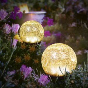 solar lights garden decorative 2 packs, globe solar lights, ball solar lights outdoor cracked glass jar, waterproof auto on/off warm white led for walkway patio yard lawn birthday party decoration