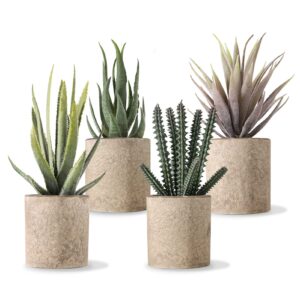 wukoku 4 pcs small fake succulents plants in ceramic pots mini artificial potted succulent decoration for desk, shelves, office and home