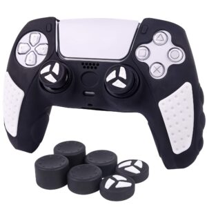 chin fai controller grip cover for ps5, anti-slip silicone skin protective cover case with 6 thumb grip caps for playstation 5 controller (black-white)