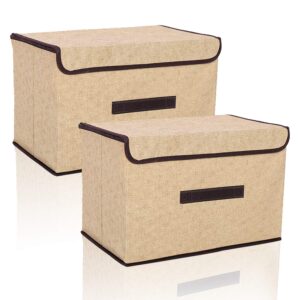 fabric storage boxes and storage boxes, with handles and flip design, large foldable boxes, used to store books, clothes, toys, family bedroom closets, office storage bags. (2 pieces in beige)