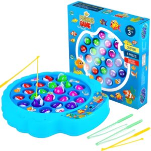 ipidipi toys fishing game for kids, hook fishing game for toddlers - 21 fish, 4 poles fishing toy - rotating fish board game with music, educational, fine motor skill toys for boys and girls, blue