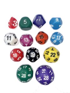 impact! miniatures multi-color - weird rpg poly dice set - d3, d5, d7, d9, d11, d13, d15, d17, d18, d19, d22, d26 & d28