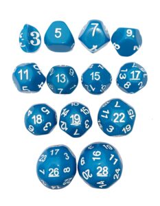 impact! miniatures light blue - weird rpg poly dice set - d3, d5, d7, d9, d11, d13, d15, d17, d18, d19, d22, d26 & d28