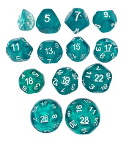 impact! miniatures translucent teal - weird rpg poly dice set - d3, d5, d7, d9, d11, d13, d15, d17, d18, d19, d22, d26 & d28