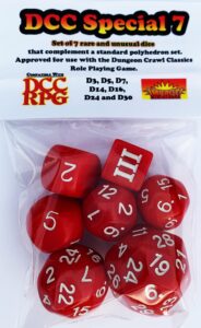 dcc special 7 - red - set of 7 rare and unusual rpg dice approved for use with dungeon crawl classics (factory seconds)