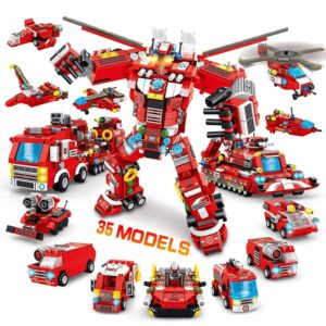 vatos robot building toys - 35 models stem truck construction set for boys girls age 6 7 8 9 10 11 12 years old (red)