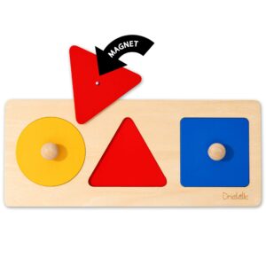 magnetic wooden montessori knob puzzle - 3 jumbo shapes - learn colors & shape – baby & toddler development toy