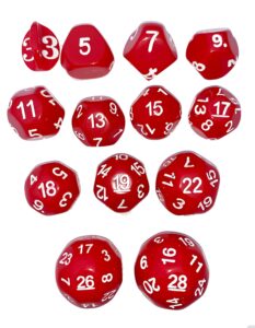 impact! miniatures red - weird rpg poly dice set - d3, d5, d7, d9, d11, d13, d15, d17, d18, d19, d22, d26 & d28