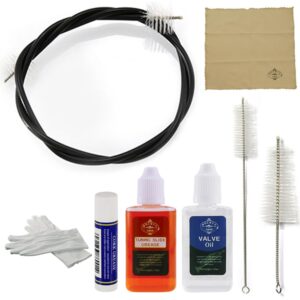 trumpet/cornet cleaning and maintenance cleaner care kit with valve oil, tuning slide grease, flexible brush, valve brush, mouthpiece brush, cork grease, cleaning cloth, and more in khaki