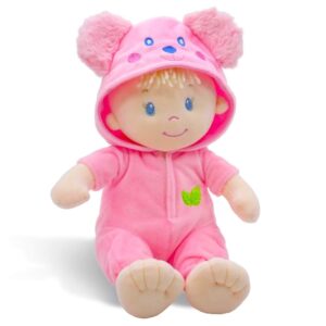 june garden 12" sweet dolly frida - stuffed ultra soft baby bear doll for birth and up - removable pink outfit