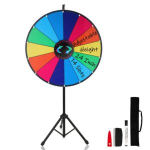 hooomyai 24 inch prize wheel with folding tripod floor stand height adjustable 14 slots color dry erase spin wheel spinner game with dry erase & marker pen for chrismas game