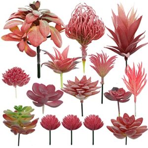 cayway 15 pcs artificial succulent plants, red fake succulent, unpotted faux succulent assortment in flocked purpl in different type for birthday home decor indoor wall garden diy