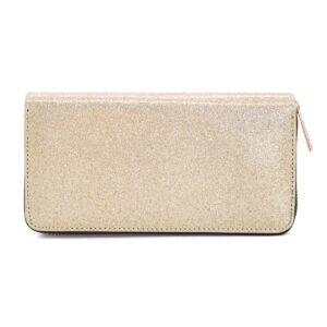 premium glitter bling smooth vegan leather continental zip around wallet, gold