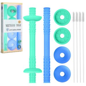 giftty teething tube with safety shield baby hollow teether sensory toys gum massager, food-grade silicone for infant 3-12 months boys girls, 1 pair with 4 cleaning brush included (emerald+blue)