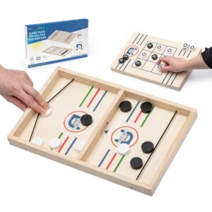 niino 2 in 1 fast sling puck and tic tac toe game board | tic tac toe board and family wooden hockey game | string puck | gift for adults & kids children | 20 pucks with storage pouch (13 x 8 inches)