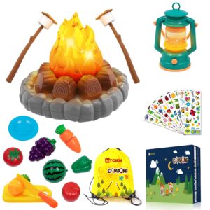 mitcien pretend camping toys play set, campfire, play food toy food for kids with oil lantern, pretend fruits vegetables cutting, s'mores, indoor outdoor toys for toddler