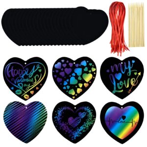 jmkcoz valentine craft heart rainbow scratch paper ornament set, 60 heart shape art magic scratch card paper tags, 60 ribbons with 10 wooden styluses for mother valenitne's day gift decoration