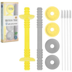 teething tube with safety shield - baby hollow teether sensory toys & gum massager for infants 3-12 months boys girls, bpa-free food-grade silicone, 1 pair with 4 cleaning brush included (yellow+gray)