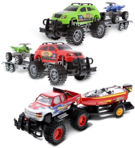 mozlly bundle of 2 friction powered monster trucks with atv trailer playset, push powered monster truck with speed boat transport toys - push & go