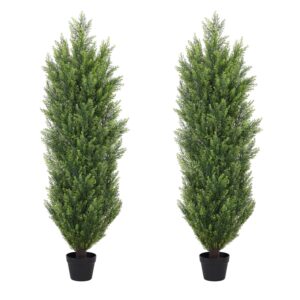 i.c.elaine 4 foot cedar pine topiary trees artificial outdoor set of 2 pack, 4ft fake evergreen plants uv resistant, faux cypress bushes and shrubs for front door porch patio planter decor 48 inch