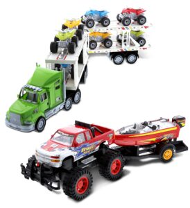 mozlly bundle of friction powered hauler atvs or monster trucks car carrier playset & monster truck with speed boat trailer transport toys - push & go