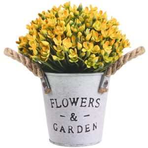 ouivial artificial potted plants - medium potted plants fake plastic flower eucalyptus leaves plants with white metal basin for home, kitchen, indoor outdoor decor. (yellow artificial potted plants)