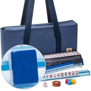 yellow mountain imports american mahjong game set, santorini with blue soft case - all-in-one racks with pushers, wright patterson scoring coins, dice, & wind indicator