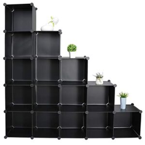 zeny cube storage organizer, 16-cube closet organizer storage shelves, modular bookcase, diy plastic modular closet cabinet, book shelf for bedroom living room office, black