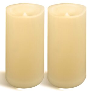 2 pack outdoor flameless led pillar candles battery operated flickering lights with timer plastic resin lights for christmas home garden decoration baby birthday party bridal shower decor 4x10 inches