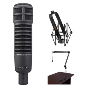 electro-voice re20 broadcast announcer microphone (black) bundle with mic shockmount & broadcast arm,xlr