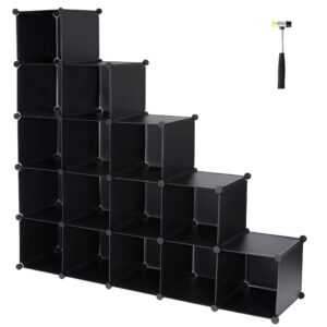 super deal cube storage organizer shelf 16 cubes shoe rack bookcase display shleves plastic diy modular cabinet closet with metal hammer for home bedroom, living room, bathroom, office, black