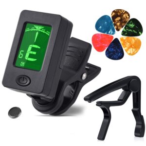 moreyes guitar capo tuner clip on guitar, violin, bass, ukulele chromatic with picks (tuner and black capo)