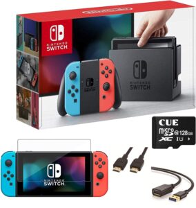 newest nintendo switch with neon blue and neon red joy-con - 6.2" touchscreen display, 32gb internal storage - family christmas holiday gaming bundle w/cue accessories