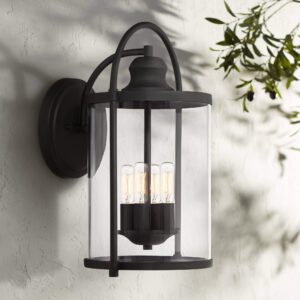 avani modern contemporary outdoor wall light fixture black 17" clear cylindrical glass shade for exterior house porch patio outside deck garage yard front door garden home - john timberland