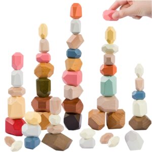 48 pcs wooden stacking stones- building sorting rocks balancing wooden blocks preschool educational learning toy for kids toddlers 3 4 5 6 years old