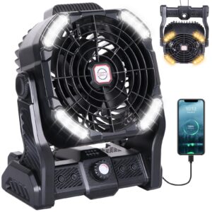 camping fan with led lantern, portable fan rechargeable battery powered fan for outdoor camping fans, 270°head rotation beach fan, quiet table fan battery operated usb fan for tent picnic black x26