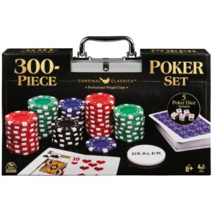 spin master games, cardinal classics, 300-piece poker set with aluminum carrying case & professional weight chips & poker dice, for ages 8+