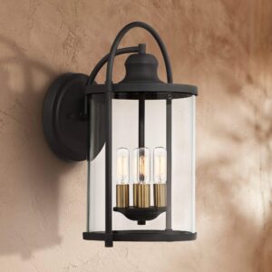 avani farmhouse outdoor wall light fixture black brass 17" cylindrical clear glass shade for exterior house porch patio outside deck garage yard front door garden home entryway - john timberland