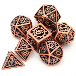 metal dice set d&d, dungeons and dragons dice set,hollow out retro number rainbow unique polyhedron game rpg dnd metal dice set, ancient red copper-24, small