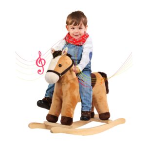 rock my baby plush rocking horse, soft filling ride on pony, rocking animal with realistic sound, stuffed rocker for kids 18 months and up (light brown),cpc certified