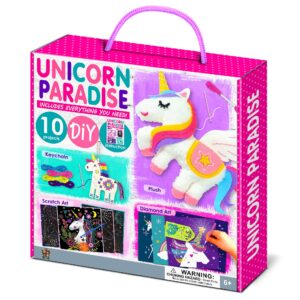 my unicorn paradise 4-in-1 diy mega kit for kids (10 arts and crafts projects: sewing kits for doll and keychain, scratch art, diamond art) handcraft/creative art/diy craft