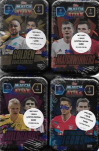 match attax 2020 2021 topps uefa champions league soccer trading card game sealed mega collector's tins with bonus gold cards and exclusive inserts (4 tin lot including one of each different type)