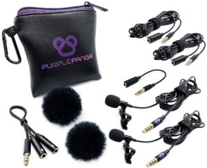 purple panda dual interview lavalier lapel microphone kit (2 pack) for podcast - professional omnidirectional clip on lav mic - compatible with iphone, android, dslr camera, samsung, zoom, tascam