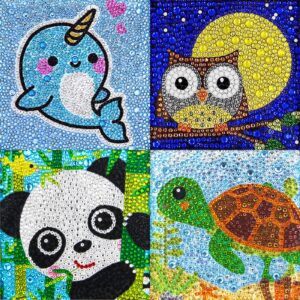 4 packs 5d painting kit for kids diamond painting drill painting by number kits kids diamond arts crafts for home wall decor (turtle panda whale owl)