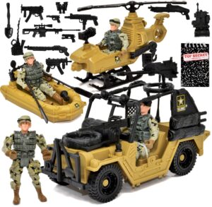 us army men action figure toy playset for boys desert forces and rescue team military vehicle, rescue boat and helicopter 4 military men action figures with weapon accessories and top secret notepad