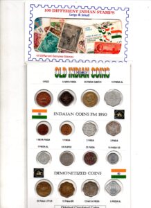 100 different republic india definitive stamps + 16 pcs different old indian coins superb pack - paise, rupee, gandhi commemorative (1950-90) - rare historical collectibles set