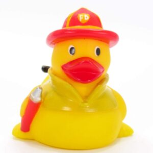 ad line fireman firefighter in yellow coat and black hat rubber duck first responder hero bath toy | squeaker | child safe | collectable